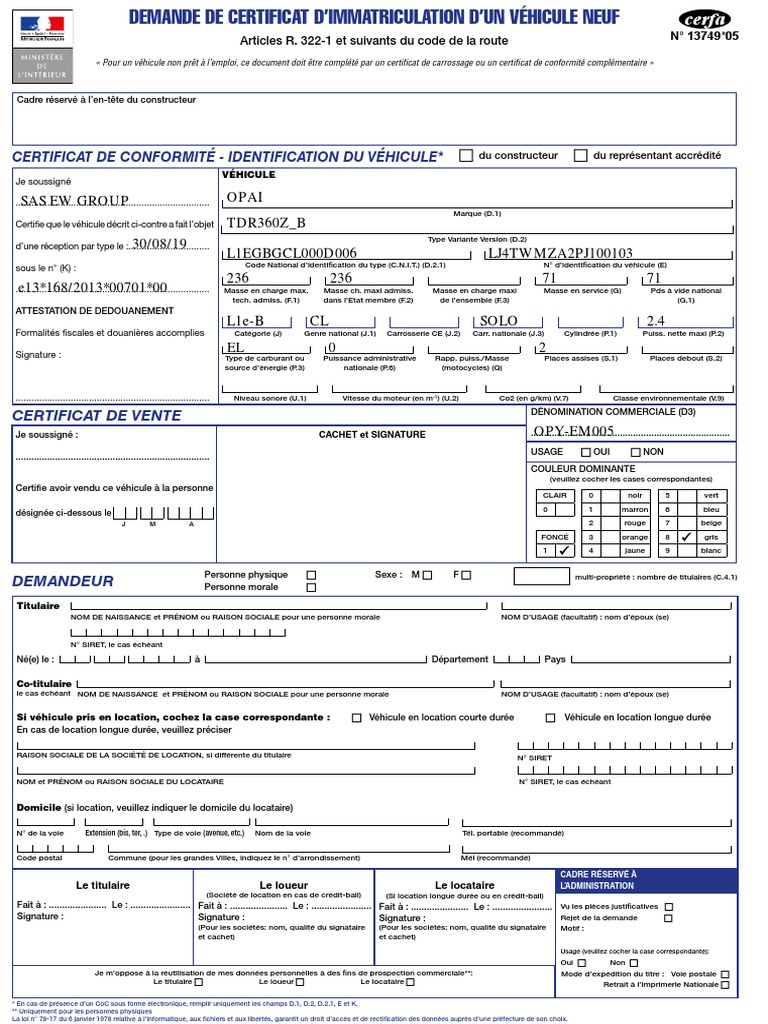 Cerfa - 13749-05 E-OPAI 2023 | PDF | Location | Véhicules