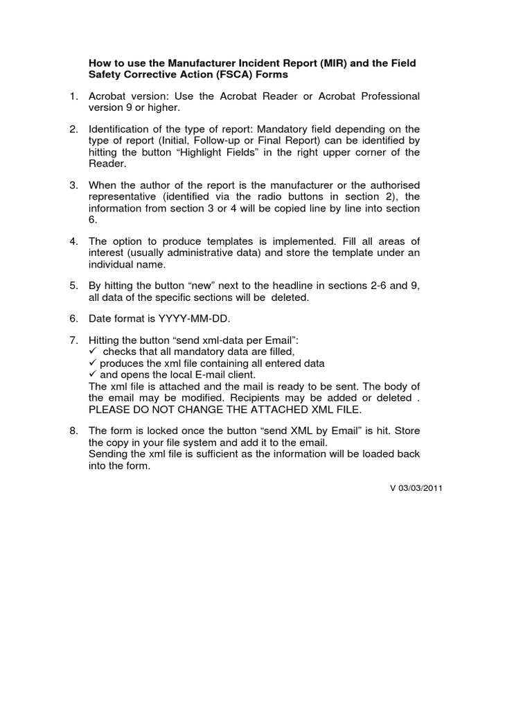 MIR & FSCA Form Usage Guide | PDF