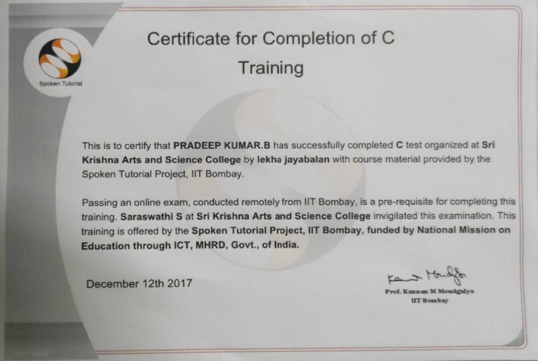 Spoken Tutorial Certificate-C Programming | PDF
