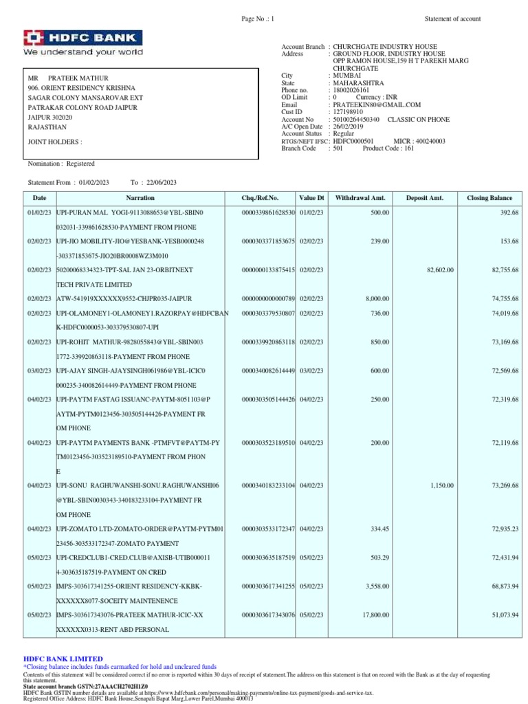 HDFC Bank Account Statement Feb-Jun 2023 | PDF | Business | Financial ...