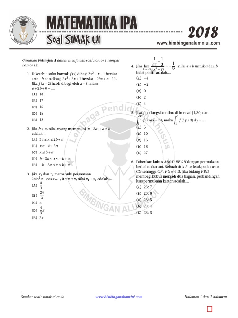 Matematika IPA SIMAK UI 2018 - Bimbingan Alumni UI - 2 | PDF Matematika IPA SIMAK UI 2018 - Bimbingan Alumni UI - 2 | PDF