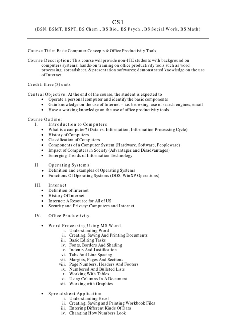 CS1 Course Outline | PDF | Microsoft Excel | Internet