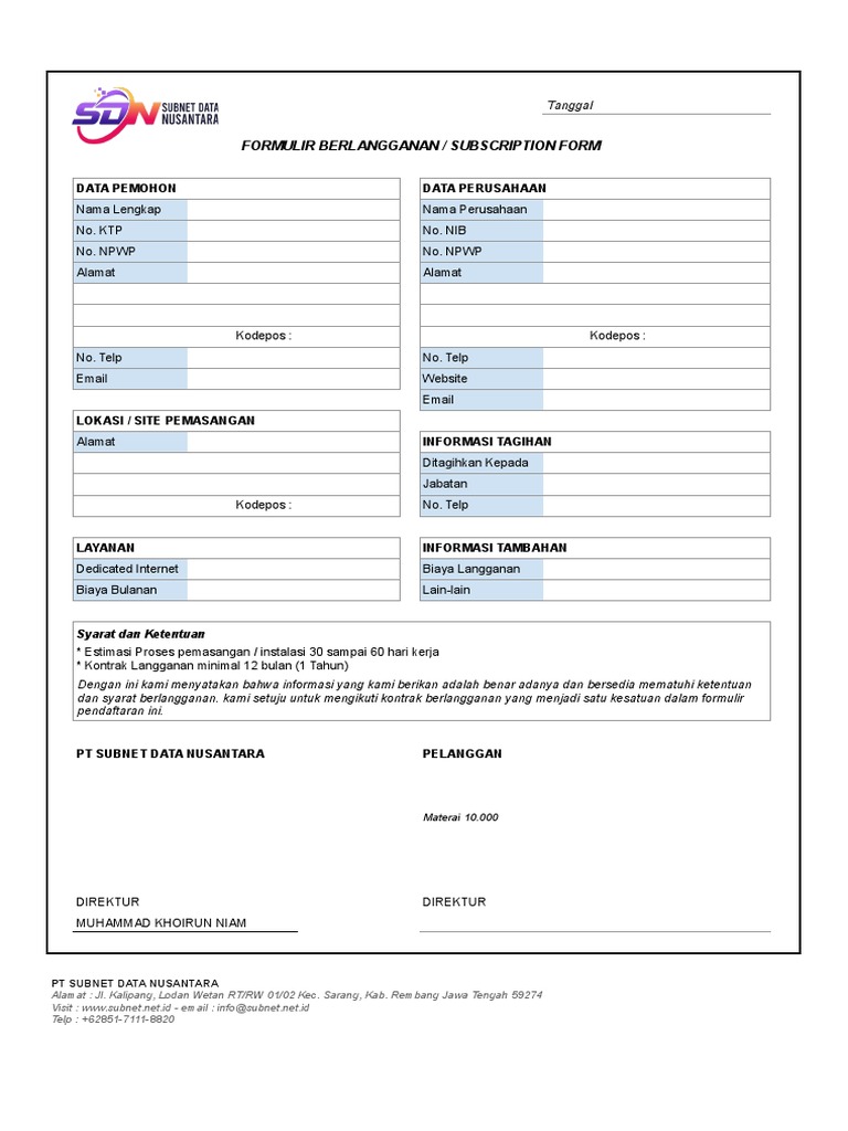 Formulir Berlangganan Internet SDN | PDF