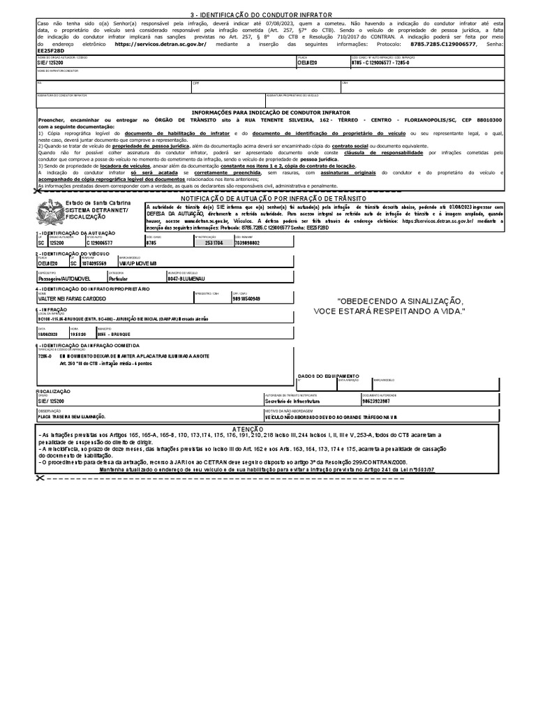 Indicação de Condutor Infrator Detran SC | PDF | Carteira de Motorista ...