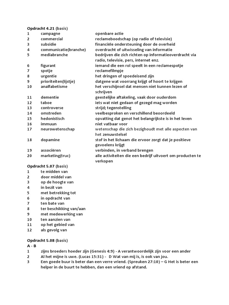 Leerstof Woordenschat Toets HV2 | PDF
