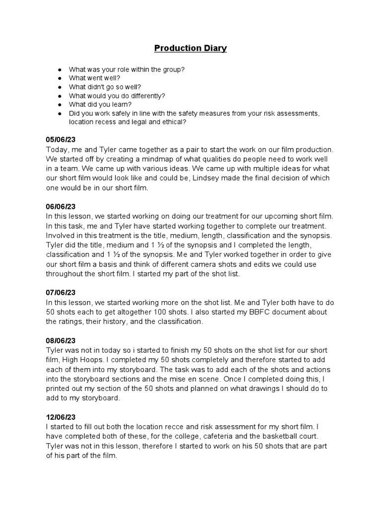 Production Diary - FILM | PDF | Career & Growth | Games & Activities