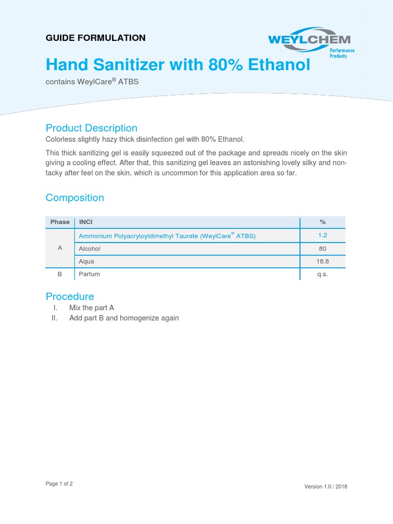 WeylChem - Guide Formulation - Hand Sanitizer With 80 Percent Ethanol ... WeylChem - Guide Formulation - Hand Sanitizer With 80 Percent Ethanol ...