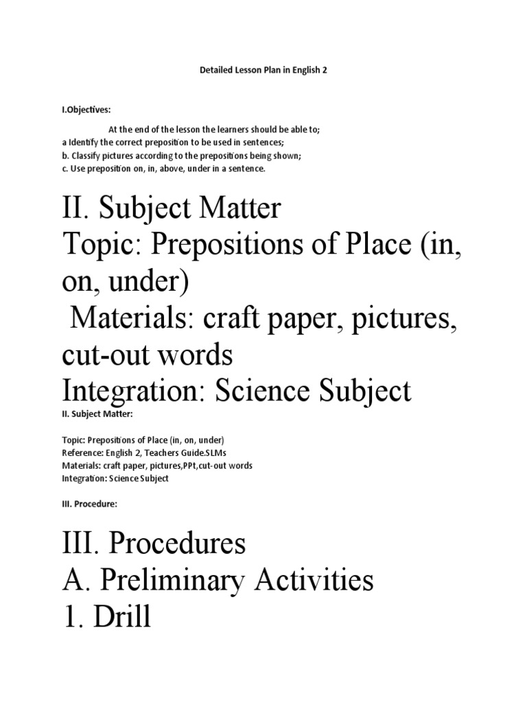 Grade 2 Preposition Lesson Plan | PDF | English Language | Preposition ...