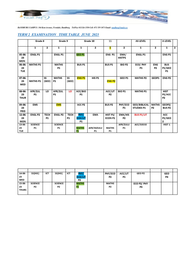 June Exam Timetable 2023-1 | PDF