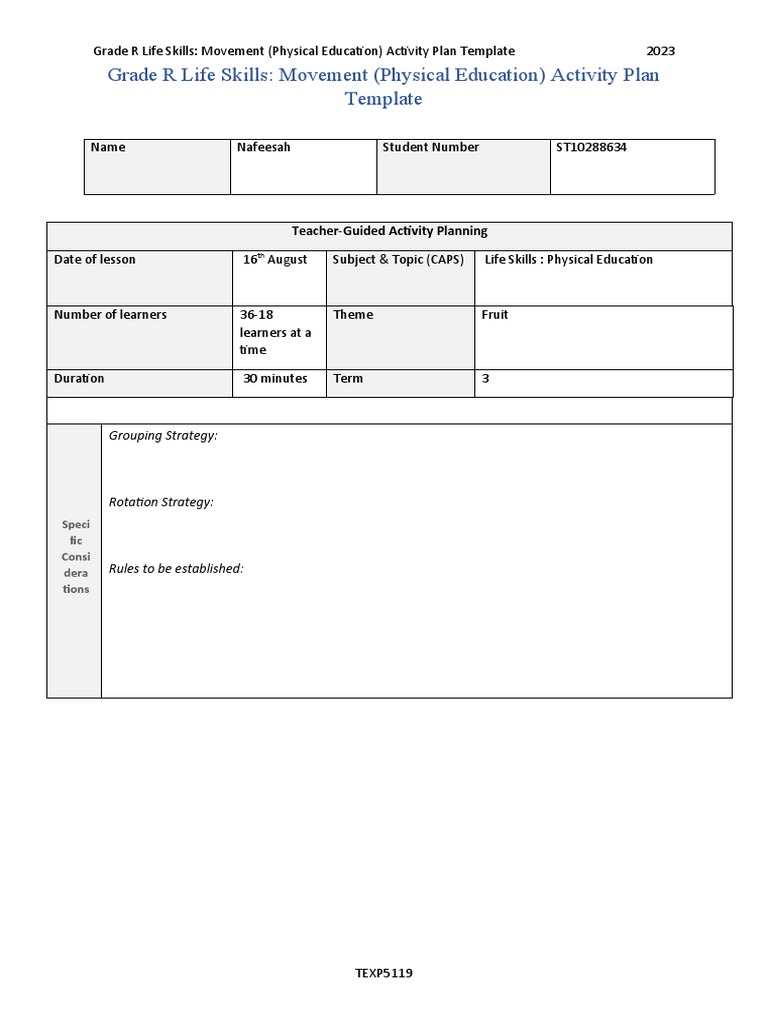 ICE Task 1 Example Grade R Life Skills Movement Activity Plan Template ...
