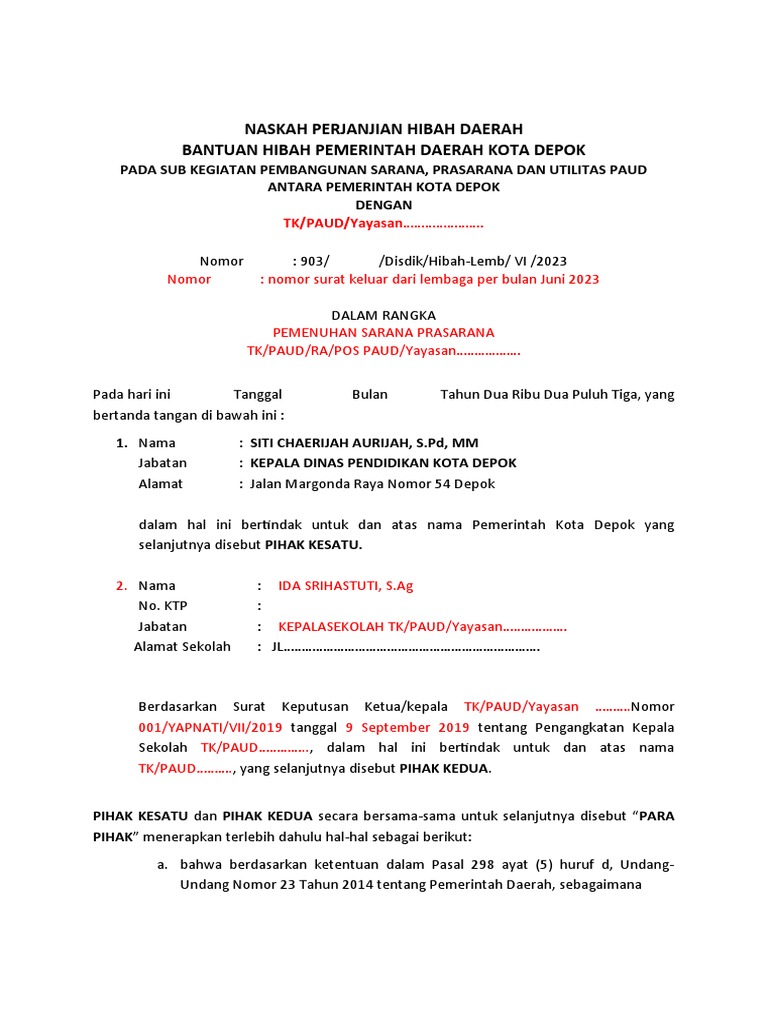 Format Nphd Hibah Pokir Paud Tahun 2023 | PDF