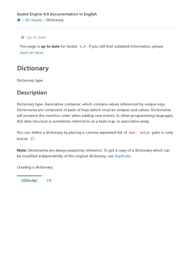 Dictionary - Godot Engine (Stable) Documentation in English | PDF