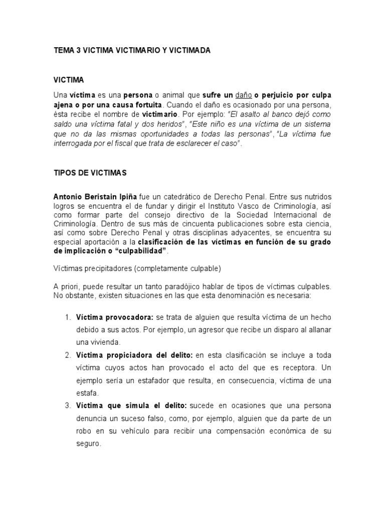 TEMA 3 VICTIMA VICTIMARIO Y VICTIMADA | PDF | Victimologia | Derecho penal