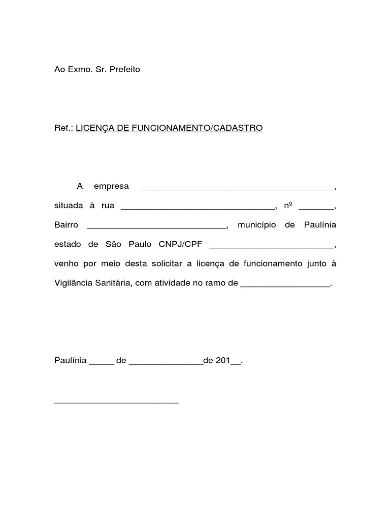 Modelo Requerimento Licença de Funcionamento | PDF Modelo Requerimento Licença de Funcionamento | PDF