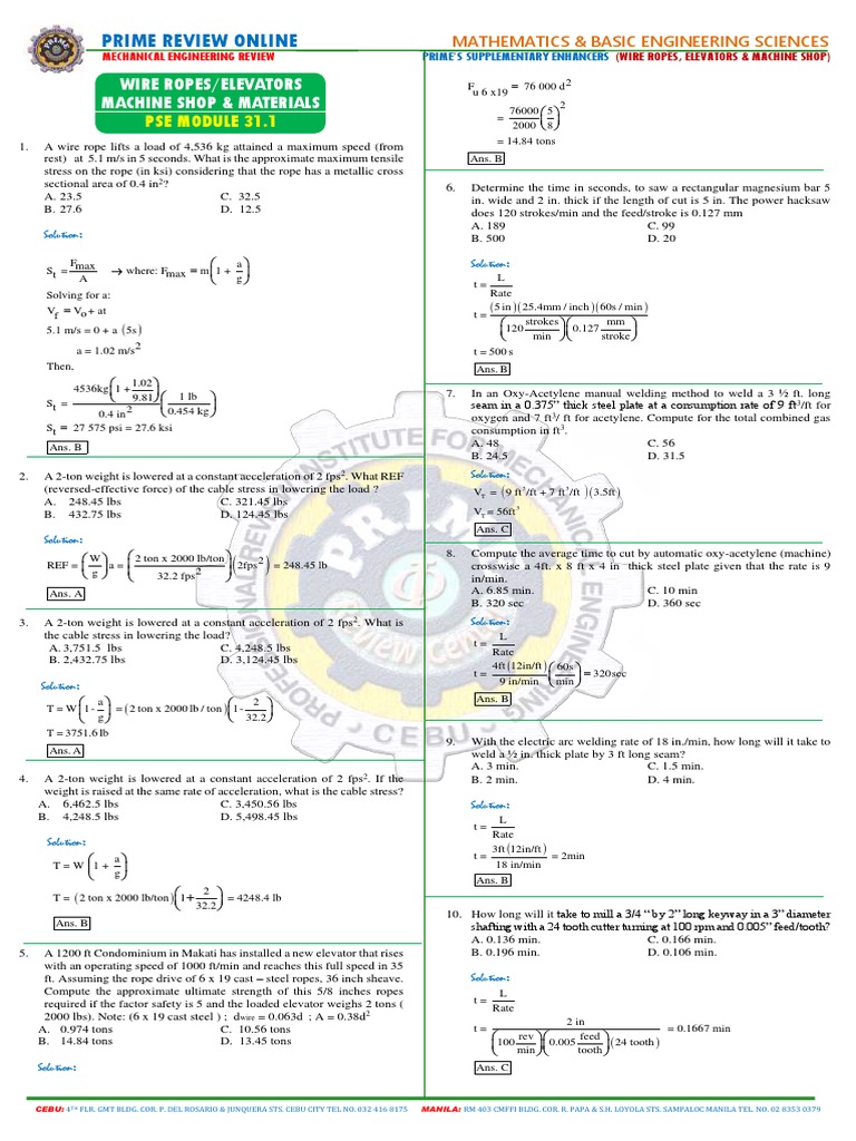 Wire Ropes, Elevators & Machine Shop (PSE Module 31.1) Solution | Download Free PDF | Steel ...