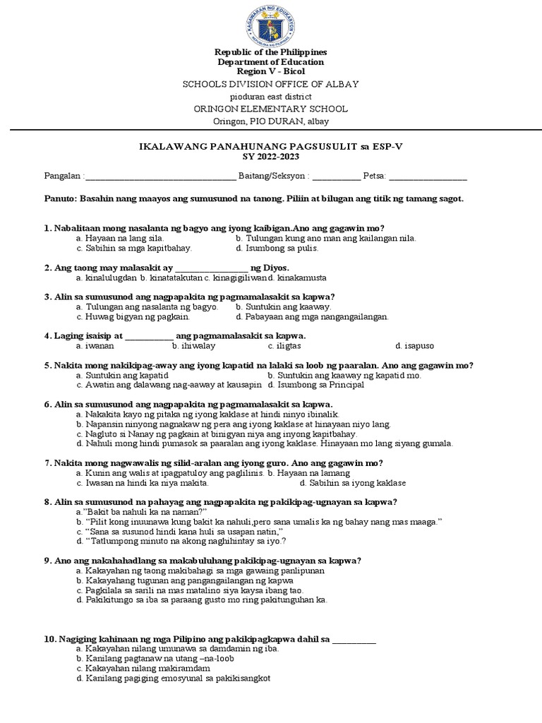 ESP-2nd Periodical Test With TOS | PDF