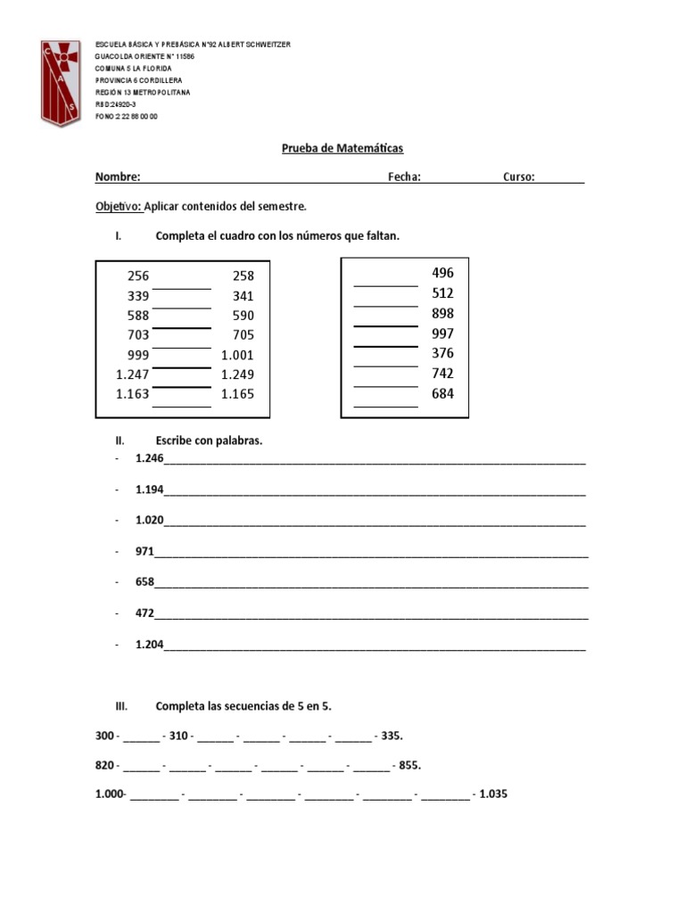 Prueba Matemáticas Escuela Albert Schweitzer | PDF | Finanzas y dinero ...