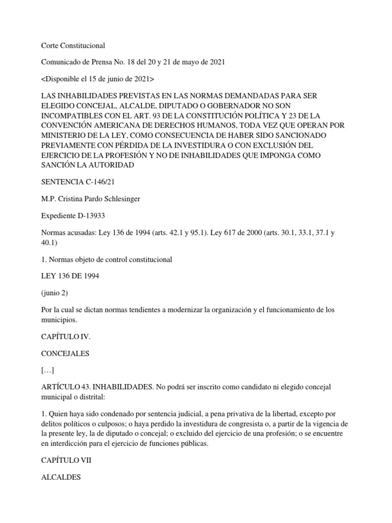 Sentencia c-146 de 2021 Inhabilidaes (6535) | PDF | Debido al proceso ...