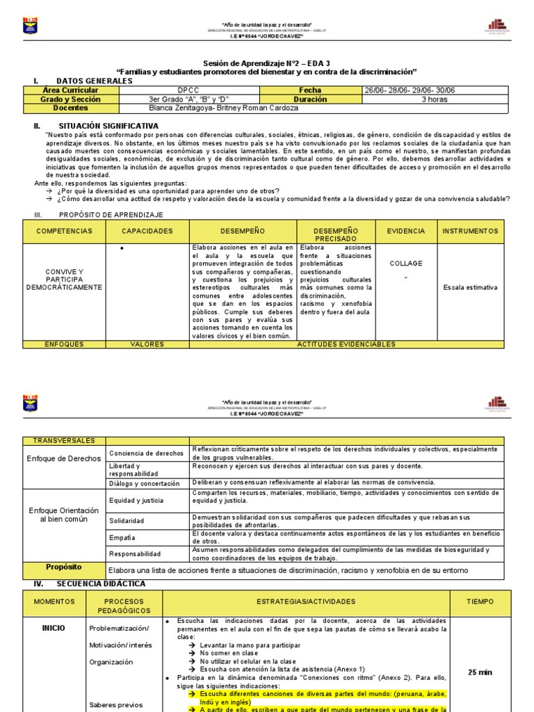 Corregido Sesión de Aprendizaje DPCC #1 JORGE CHAVEZ | PDF | Familia | Evaluación