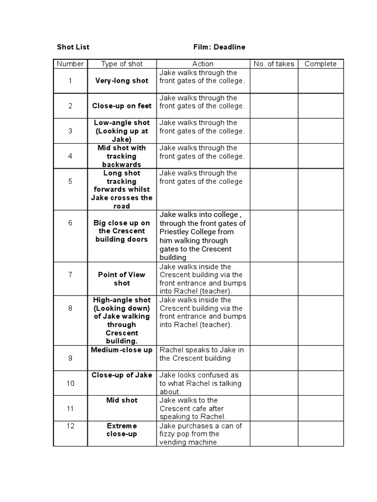 Shot List - Jake & Oliver | PDF