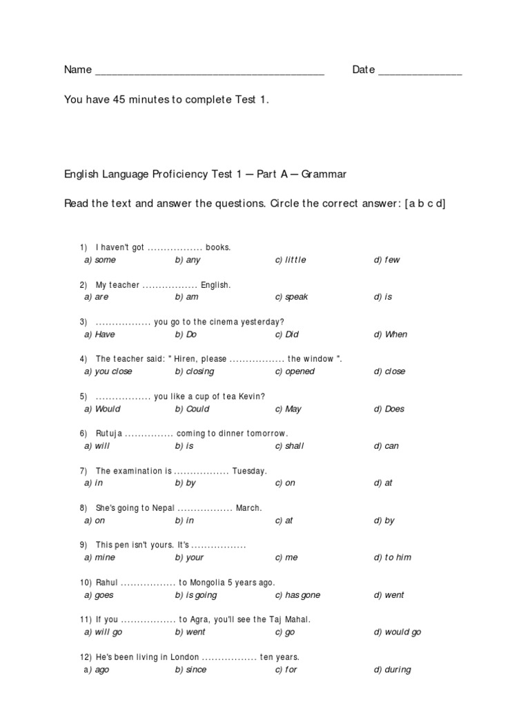 BHC English Language Test 1 | PDF
