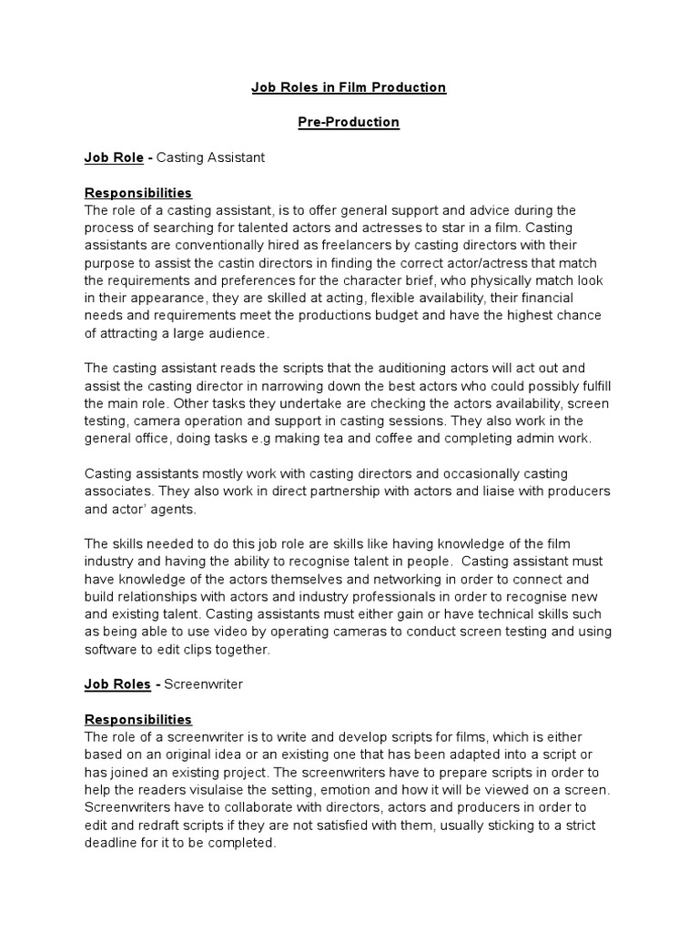 Key Film Production Job Roles | PDF | Filmmaking