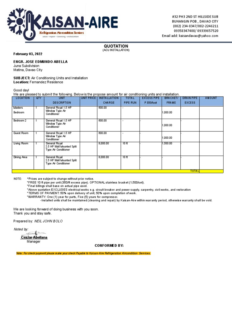 Air Conditioning Installation Quotation | PDF | Air Conditioning ...