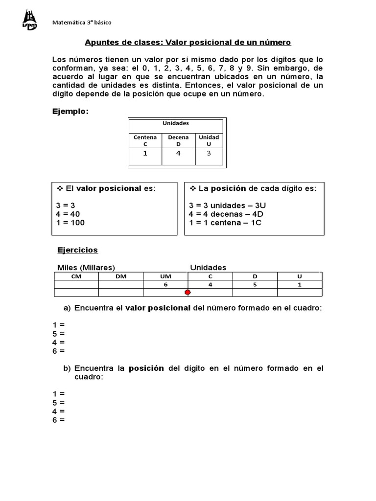 Valor Posicional en Matemáticas 3° Básico | PDF