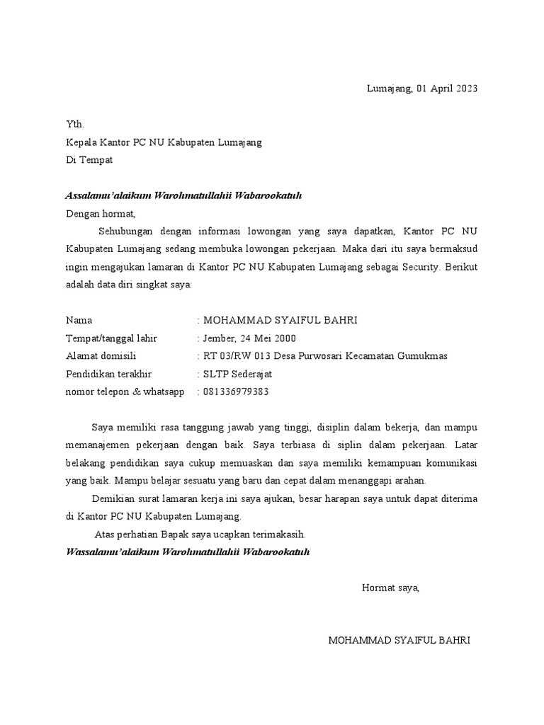 Surat Lamaran Kerja Security | PDF