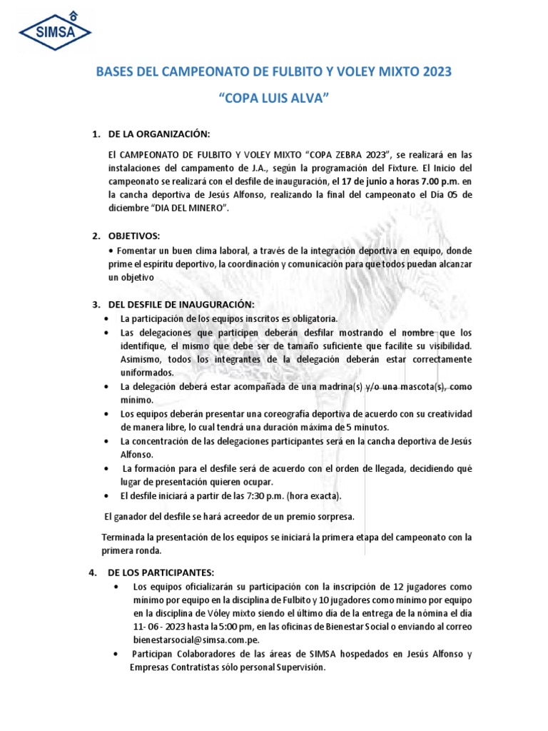 Bases Campeonato de Fulbito y Voley Mixto 2023 Copa Luis Alva | PDF ...