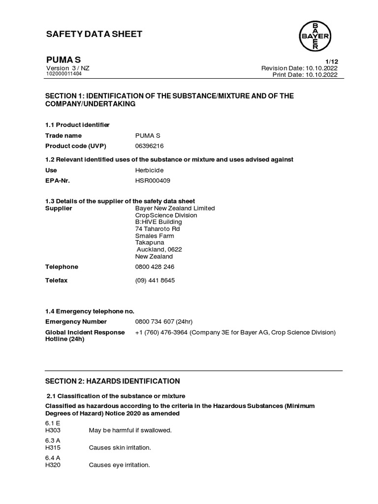 Puma S (Bayer) SDS | Download Free PDF | Toxicity | Dangerous Goods