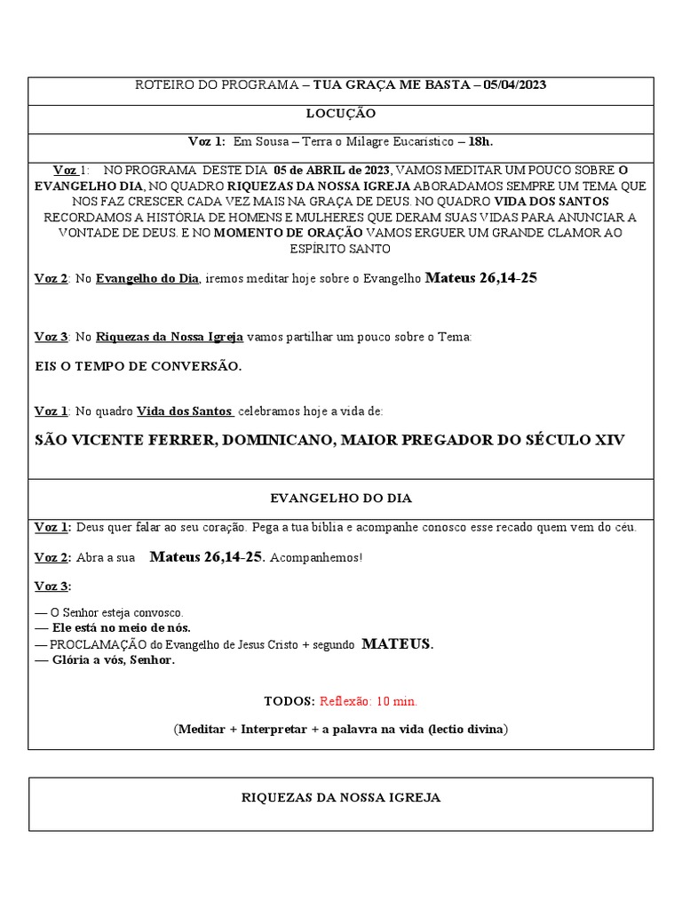 Mateus 26,14-25: Roteiro Do Programa - Tua Graça Me Basta - 05/04/2023 ... Mateus 26,14-25: Roteiro Do Programa - Tua Graça Me Basta - 05/04/2023 ...