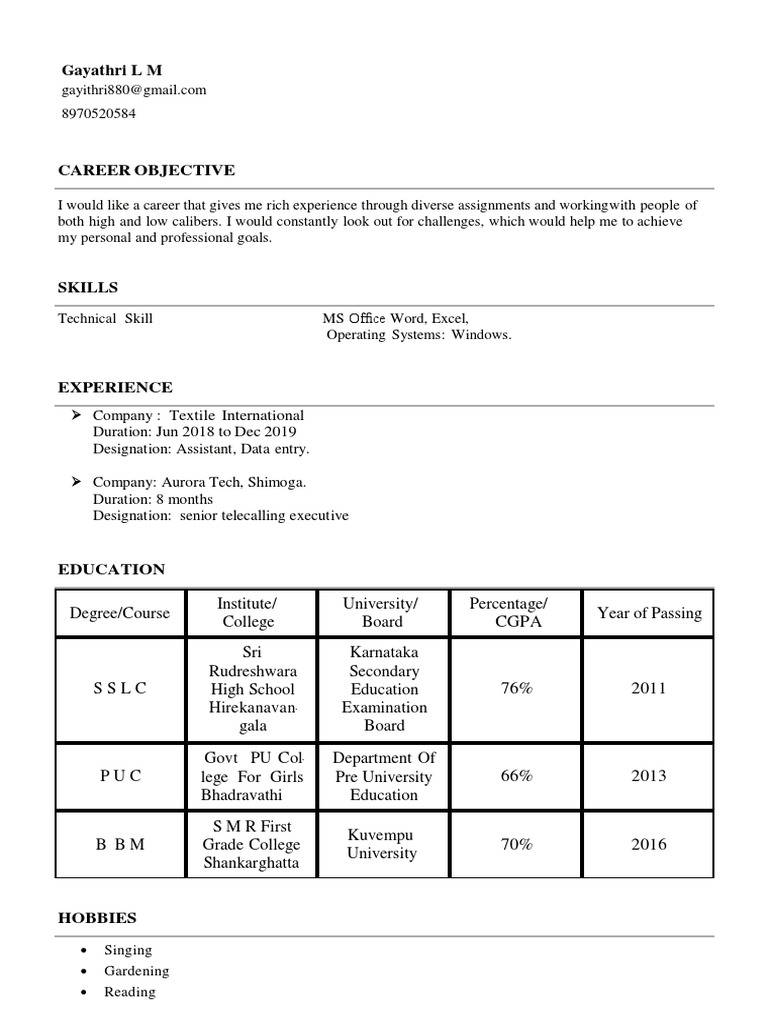 Resume of Gayathri L M - Data Entry & Telecalling | PDF