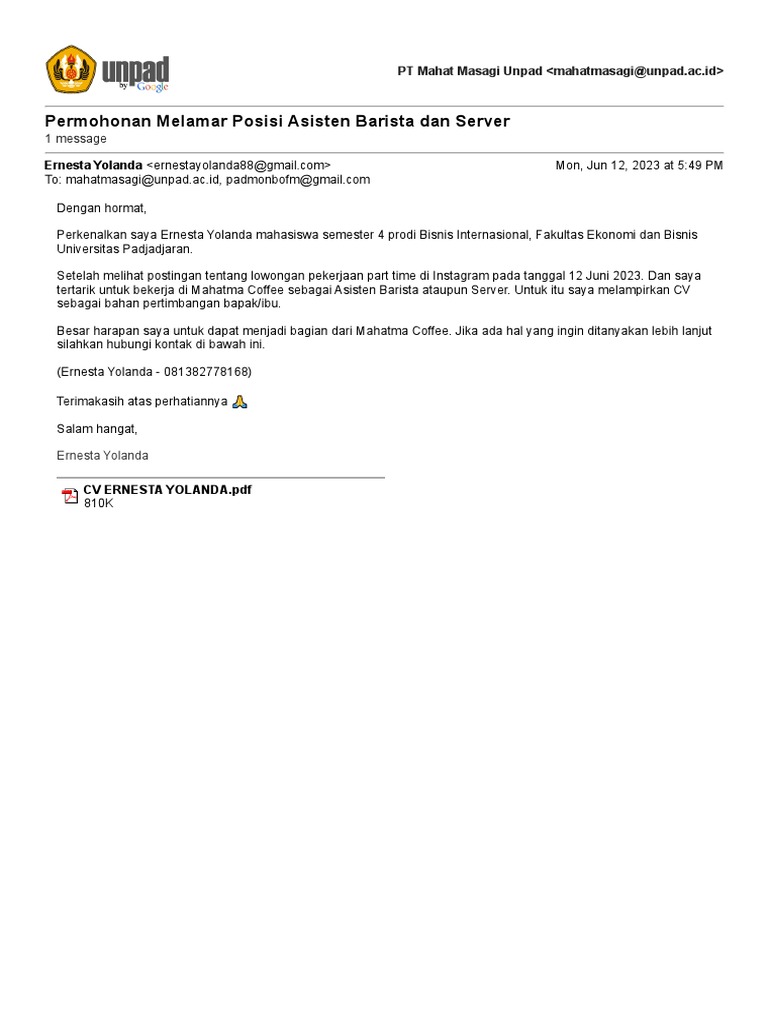Universitas Padjadjaran Mail - Permohonan Melamar Posisi Asisten Barista Dan Server | PDF