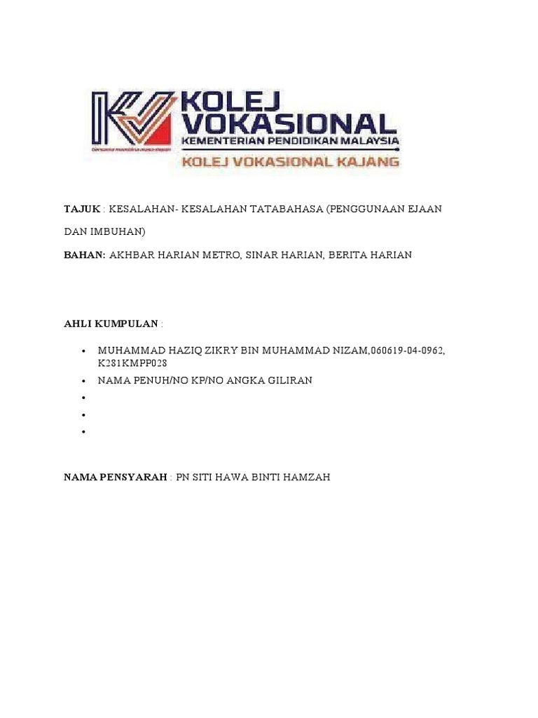 Contoh PB Kajian Kes Kesalahan Tatabahasa - Penggunaan Ejaan Dan ...