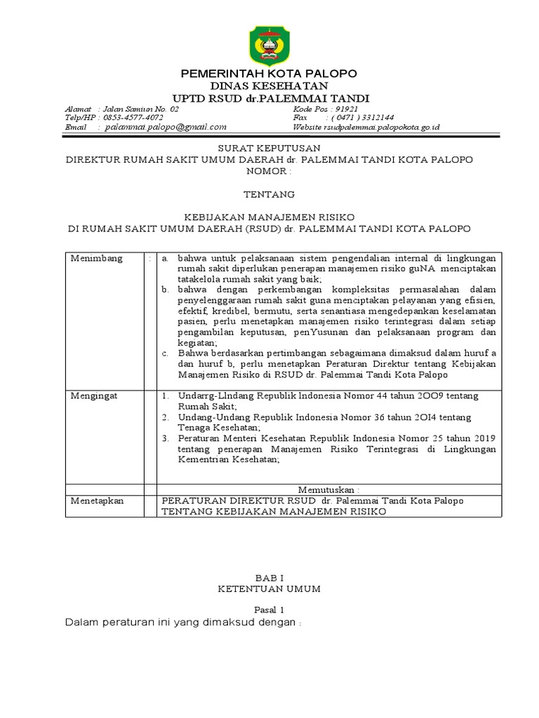 Kebijakan Manajemen Risiko RSUD | PDF