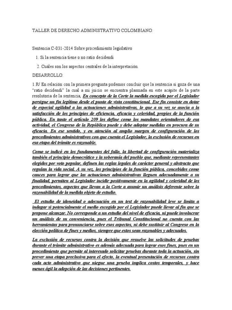 Taller de Derecho Administrativo Colombiano | PDF | Sentencia (ley) | Justicia