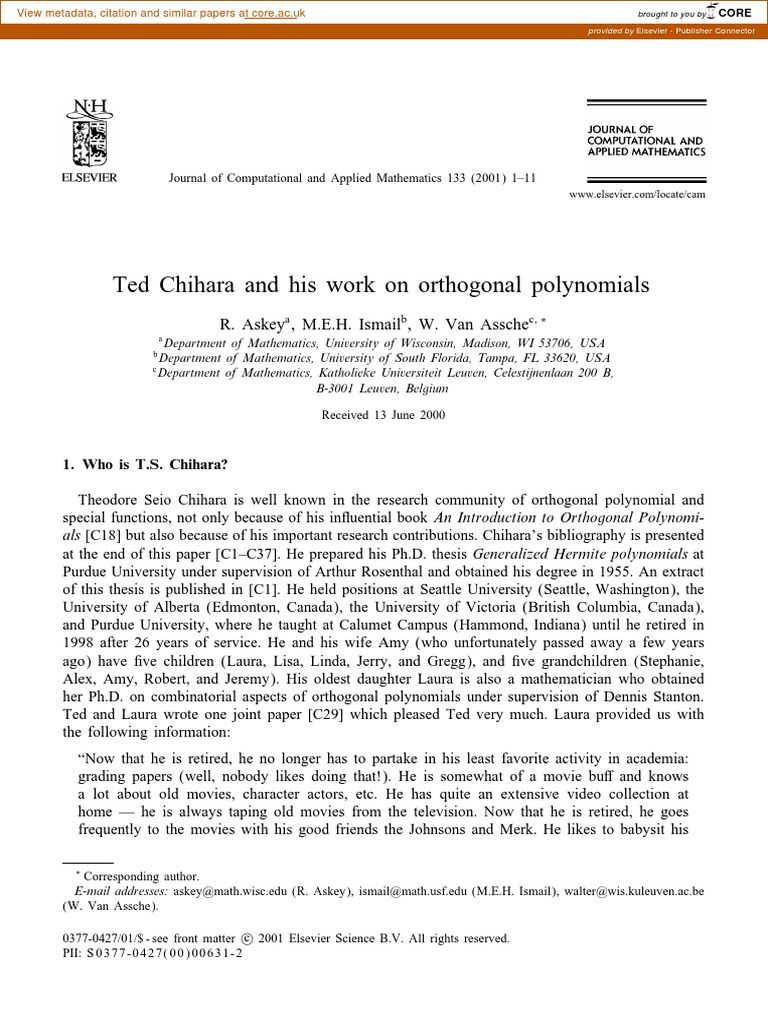 Askey Ismail Assche 2001 Ted Chihara and His Work On Orthogonal ...