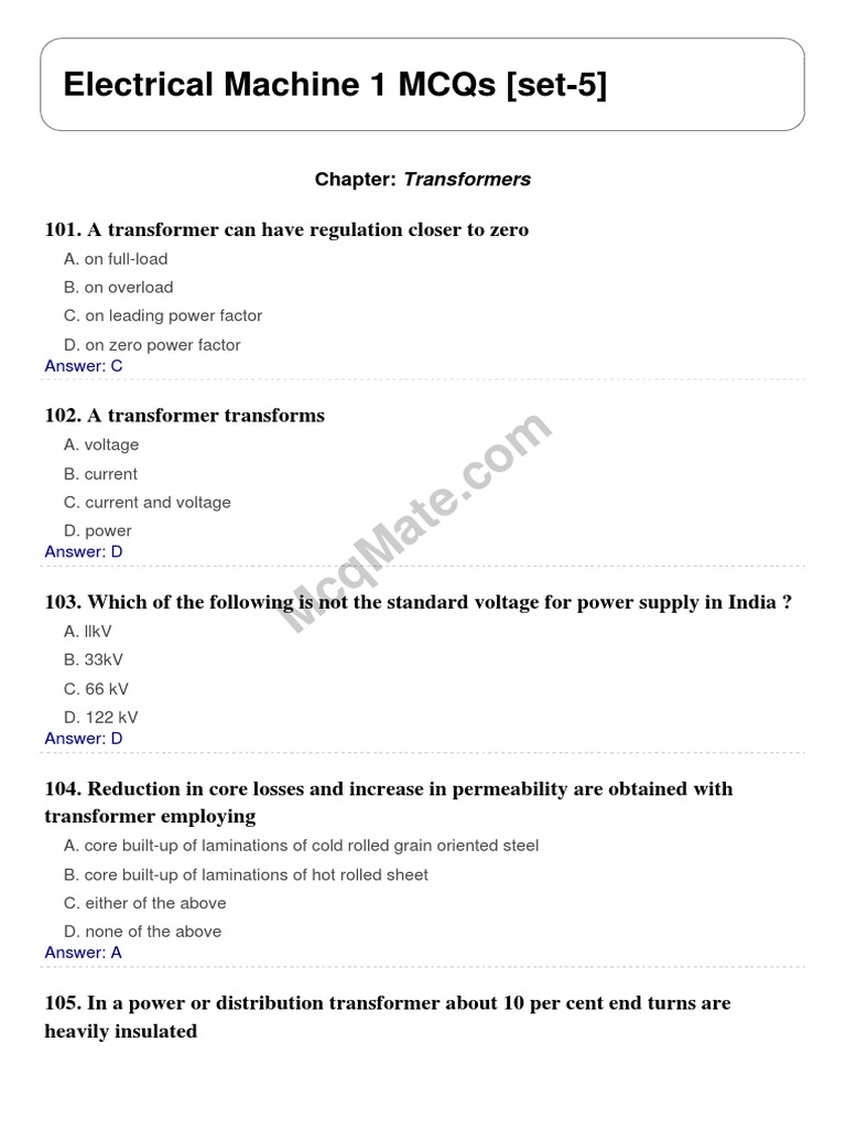 Electrical Machine 1 Solved MCQs (Set-5) | PDF | Transformer | Electronic Engineering