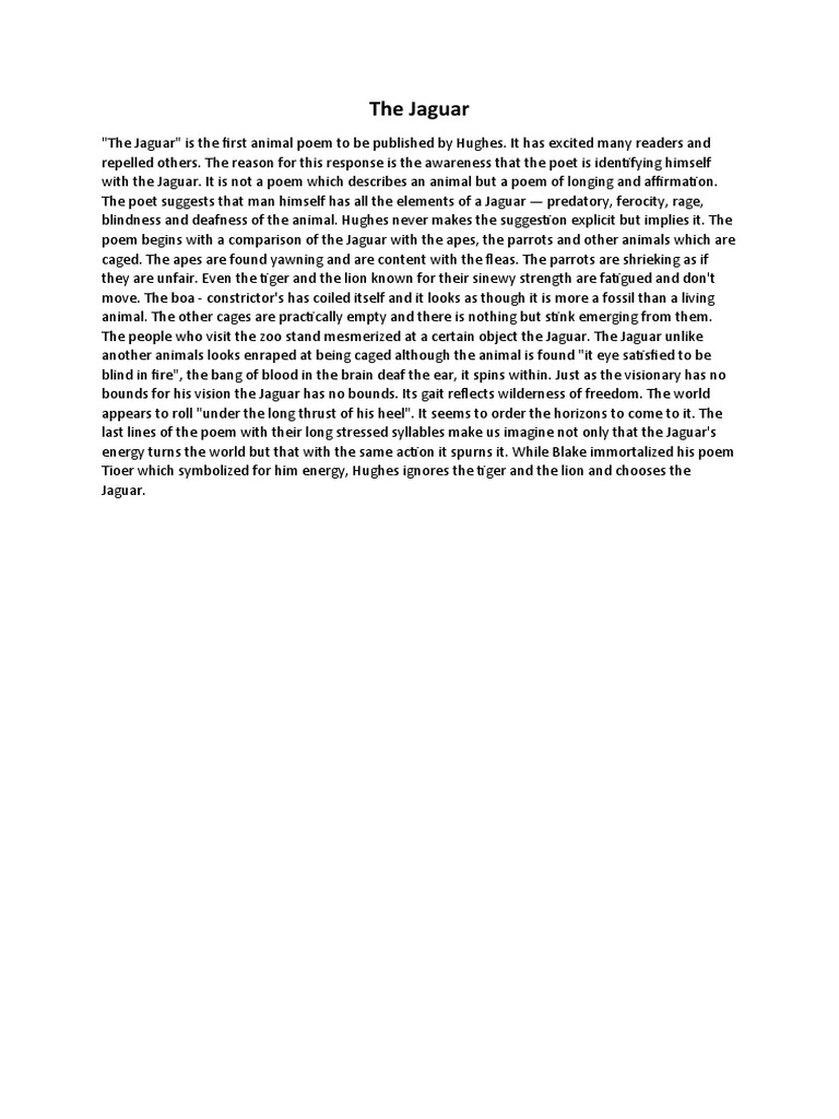 Analysis of Ted Hughes' "The Jaguar" | PDF | Poetry | Classics