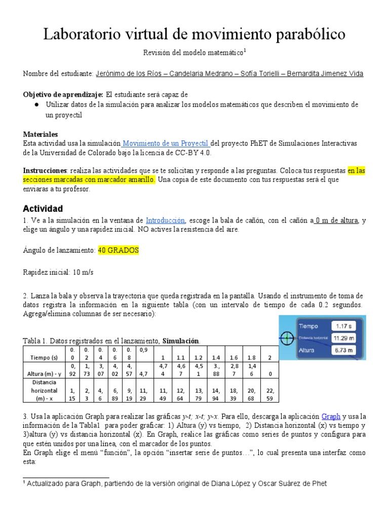 Laboratorio Movimiento Parábolico Con Phet y Graph | PDF | Velocidad ...