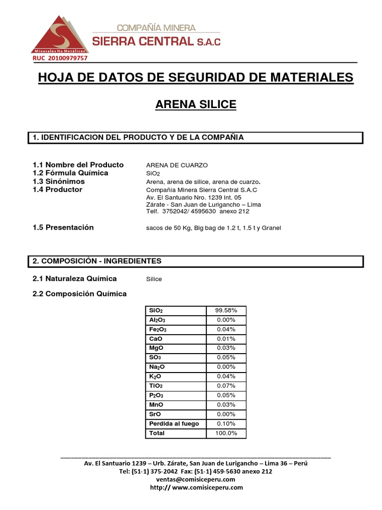 MSDS - Arena Silice | PDF | Agua | Materiales