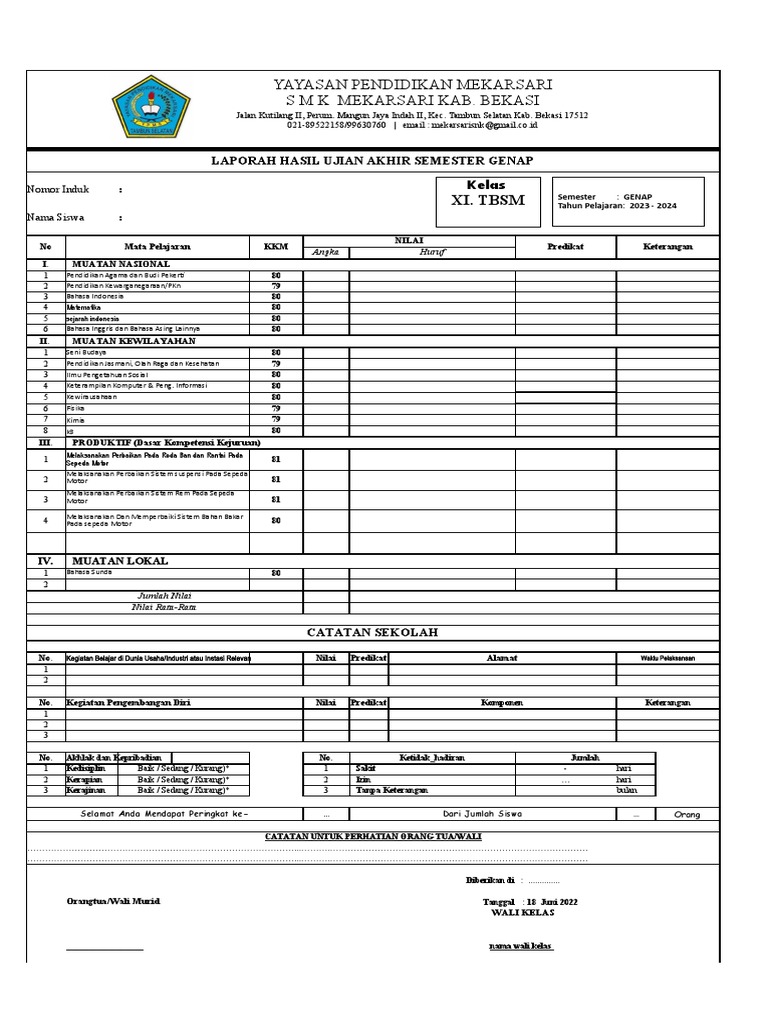 Format Rapot Bayangan Pts SMK | PDF