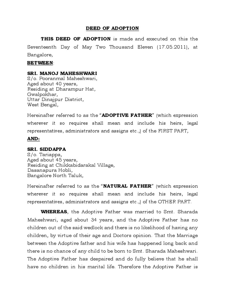 10 Siddappa - Deed of Adoption | PDF | Interpersonal Relationships | Living Arrangements
