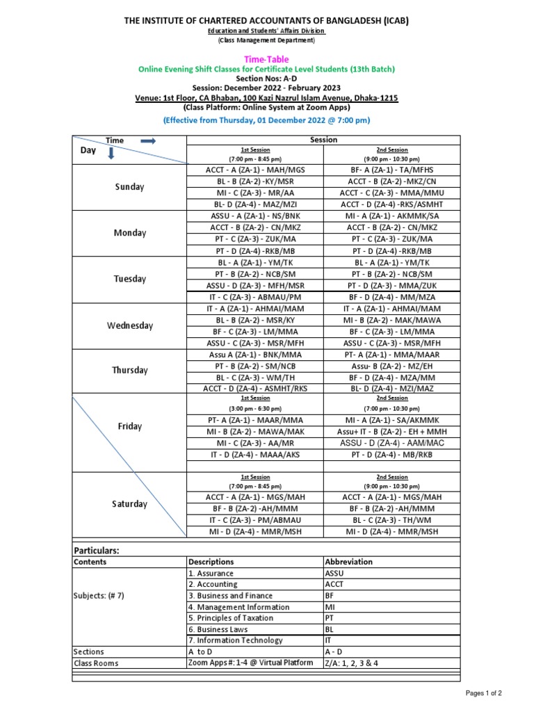 (Set-2), Time - Table For CL Classes, 13th Batch - (Session, Dec 22-Feb ...