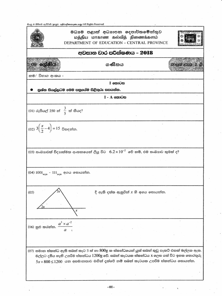 2018 Grade 09 Mathematics Third Term Test Paper Central Province | PDF