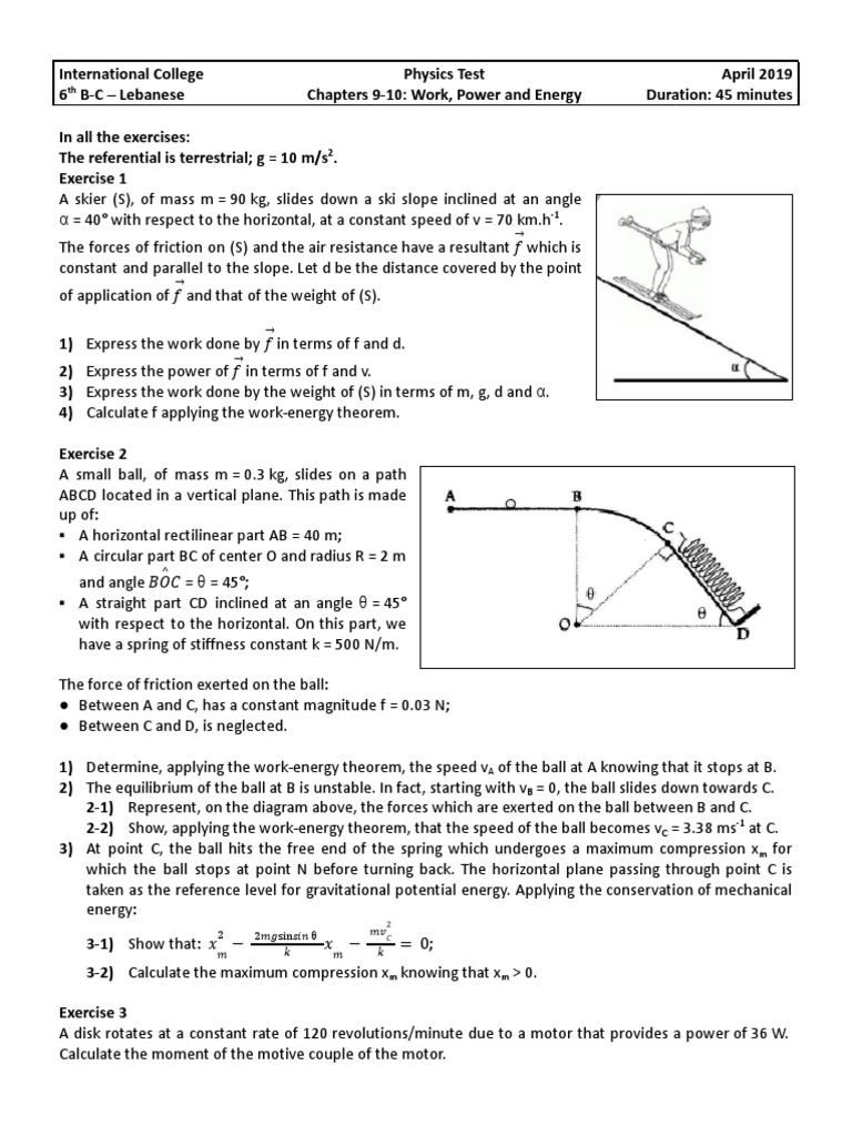 Work Power Energy Test | PDF | Mechanics | Physics