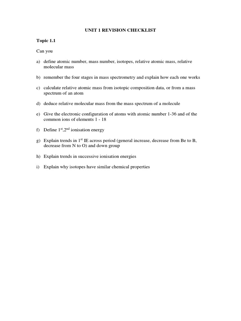 Checklist - Unit 1 AQA Chemistry A-Level | PDF | Chemical Bond | Covalent Bond