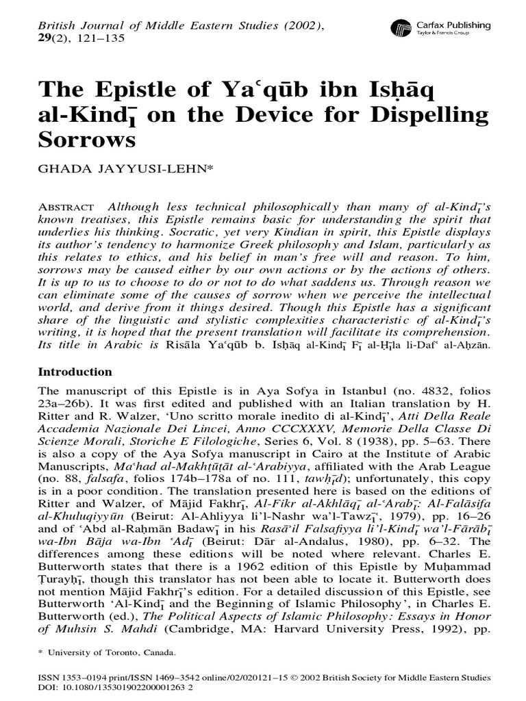 Al Kindi On The Device For Dispelling Sorrows | PDF | Soul | Mind