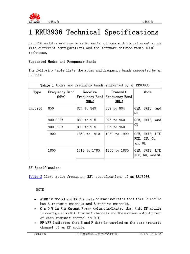 RRU3936 Specs for Telecom Engineers | PDF | Lte (Telecommunication) | Gsm
